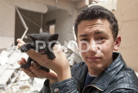 12 Year Old Ali Ras-ali Pictured With A Kitten Who Was The Sole ...