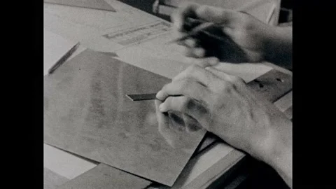 1940s: hands use ruler and scriber tool ... | Stock Video | Pond5