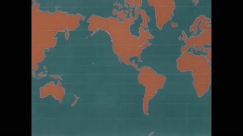 1940s: Illustrated map of world with blu... | Stock Video | Pond5