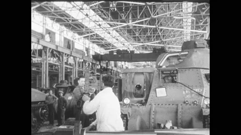 1940s: Men work on tank assembly line. T... | Stock Video | Pond5