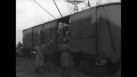 1944 - Loaded US Army freight train cars... | Stock Video | Pond5