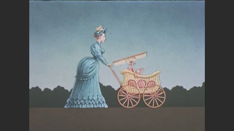 1950s: Animation. Victorian-era woman pu... | Stock Video | Pond5