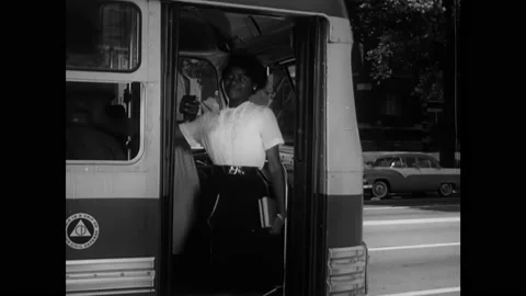 1950s: Bus comes to a stop and doors ope... | Stock Video | Pond5