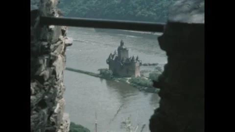 1950s: High angle view of castle on isla... | Stock Video | Pond5
