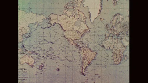 1950s: Map of world, hand points to map.... | Stock Video | Pond5