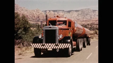 1950s: A red gasoline tanker truck drive... | Stock Video | Pond5