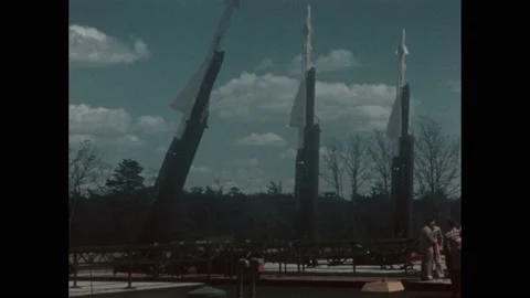 1950s: Rockets raised to sky. Rocket low... | Stock Video | Pond5