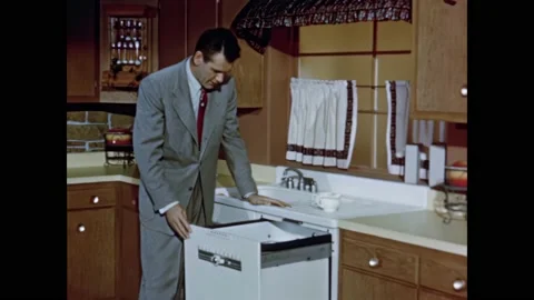 1950s: Salesman opens dishwasher and loo... | Stock Video | Pond5