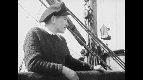 1950s: Ship. Boy stands at railing. Do... | Stock Video | Pond5