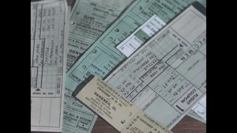 1950s: Ticket stubs pile up on table. | Stock Video | Pond5