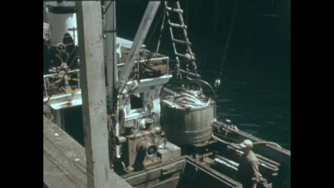 1960s: Crane lifts bucket of fish from c... | Stock Video | Pond5