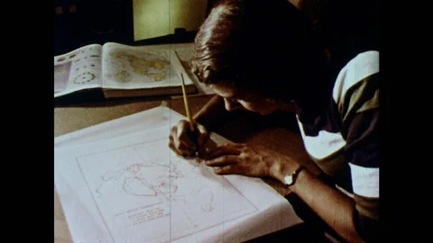 1960s: Man draws on map. Man drawing on ... | Stock Video | Pond5