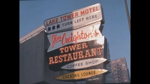 1960s: Neon sign for Lake Tower Hotel an... | Stock Video | Pond5