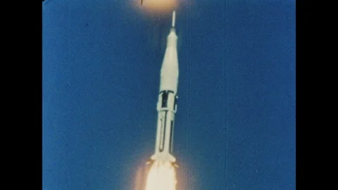 1960s: Rocket ship lifts into sky. Comma... | Stock Video | Pond5
