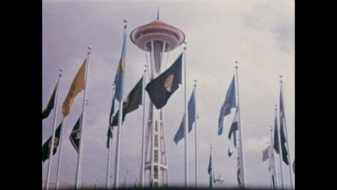 1960s: View of flags around Space Needle... | Stock Video | Pond5