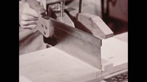 1960s: Wooden plank clamped to workbench... | Stock Video | Pond5