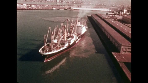 1970s: Aerial view of cargo ship near Po... | Stock Video | Pond5