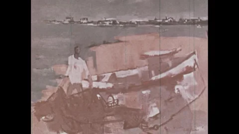 1970s: Blocky, abstract painting of boat... | Stock Video | Pond5