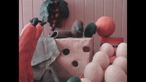 1970s: Claymation food dances. Banana w... | Stock Video | Pond5