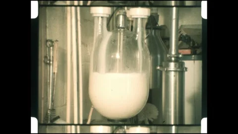 1970s: Milk flows into a glass vessel in... | Stock Video | Pond5