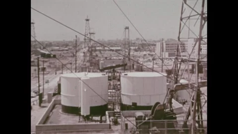 1970s: Oil wells pump in desert and near... | Stock Video | Pond5