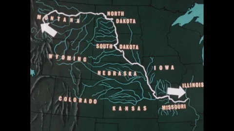 1970s: River. Arrows appear on map. Mo... | Stock Video | Pond5