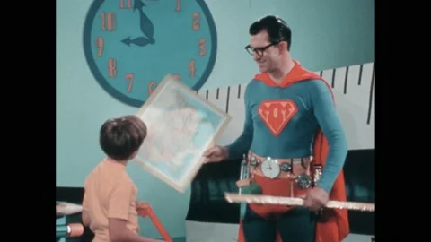1970s: Superhero points to map of United... | Stock Video | Pond5