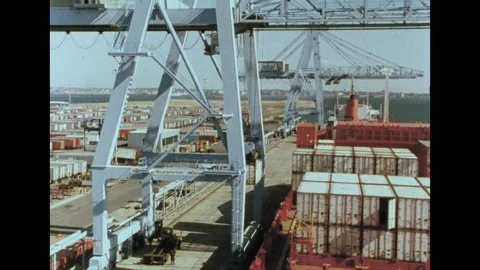 1970s: UNITED STATES: ship unloads cargo... | Stock Video | Pond5