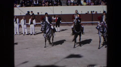 1971: matadors in a stadium on horses pe... | Stock Video | Pond5