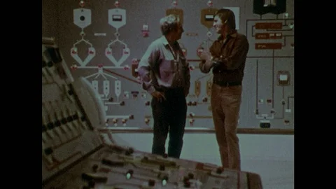 1980s: Control room, man talks, crosses ... | Stock Video | Pond5