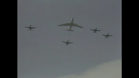 1980s: Planes fly in formation. Plane em... | Stock Video | Pond5