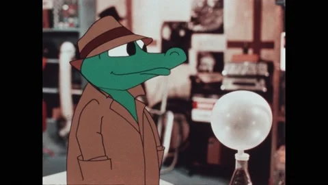 1990s: Cartoon alligator looks at inflat... | Stock Video | Pond5