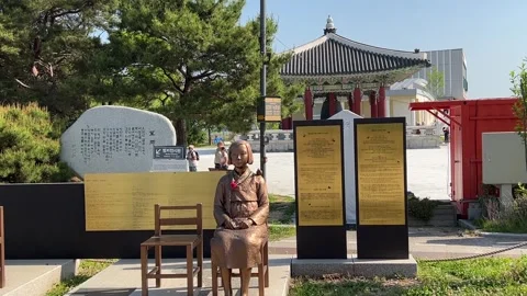 2 sitting girl statues in DMZ South Kore... | Stock Video | Pond5