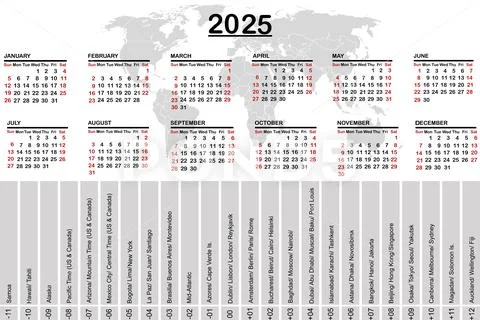 2025 calendar with world map and time zones Illustration #233106000