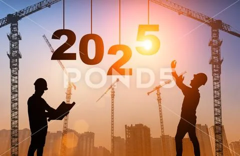 2025 year concept. Construction worker and crane on the backdrop of ...