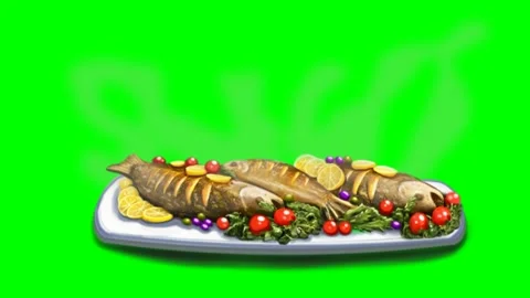 2d animated plate of fish on table in gr... | Stock Video | Pond5