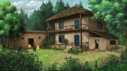(2D Animation) Beautiful village house i... | Stock Video | Pond5