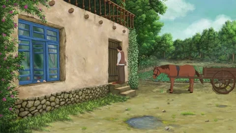 (2D Animation) A village house with a ho... | Stock Video | Pond5