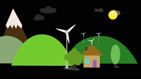 2D animation of a wind farm in mountain ... | Stock Video | Pond5