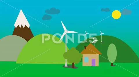 2D graphics of a wind farm in mountain green village with clouds ...