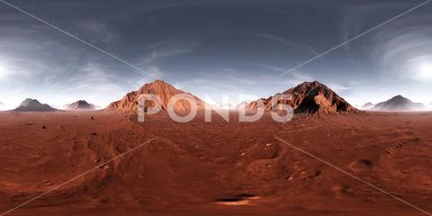 360 HDRI panorama of Mars sunset. Martian landscape, environment map ...