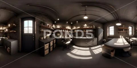 360 panorama of dark warehouse loft office room HDRI: Graphic #239291353