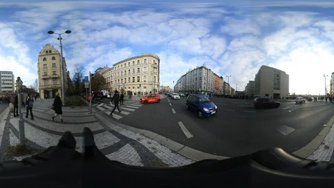 360° VR view at people walking and cars... | Stock Video | Pond5