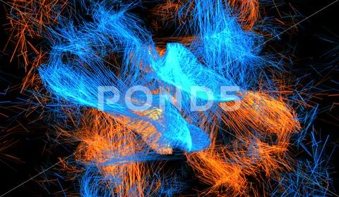 3D abstract digital technology particles fragmentation and mixing of ...