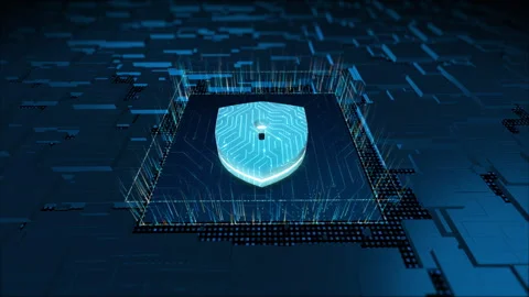 3D blue security Shield logo and particl... | Stock Video | Pond5