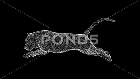 3D flying tiger on black bg. Object dissolved white flickering ...