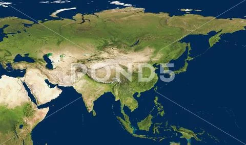 3D illustration of a highly detailed map of Asia. Satellite view ...