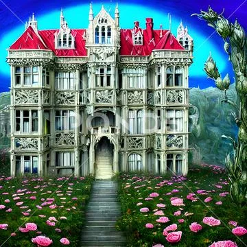 3d illustration if Fantasy Mansion with magic garden: Graphic #211873613