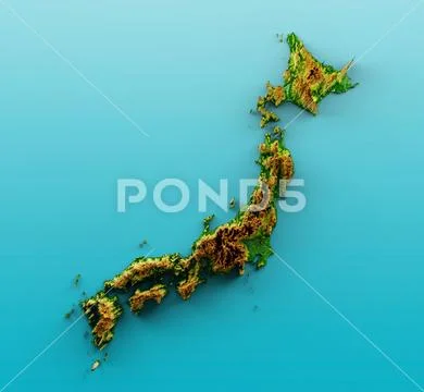 3d illustration of Japan Map Shaded relief Color Height map on the sea ...