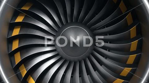 3D illustration jet engine, close-up view jet engine blades. Front view ...